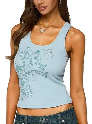EDIKTED Veila Rhinestone Ribbed Graphic Tank Top - Light-blue