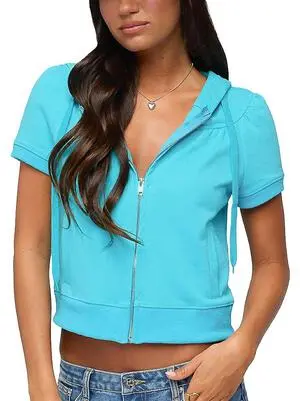 EDIKTED Daisi Short Sleeve Hoodie Top - Turquoise