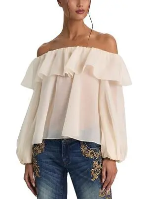 Alice + Olivia Alta Off-the-shoulder Ruffled Top - Chino