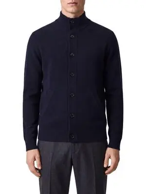 Brioni High-neck Pure Cashmere Cardigan With Button Closure Blue