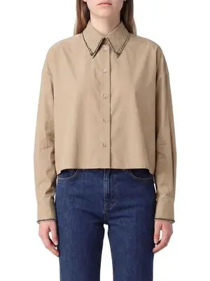 Fabiana Filippi Long-sleeved Cotton Shirt With A Jewelled Collar And Rhinestones - Coffee