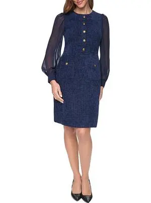 Eliza J Tweed Jewel Neck Contrast Sleeve Sheath Dress - Navy