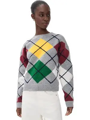 English Factory Argyle Whipstitch Knit Sweater - Light Grey Multi