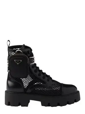 PRADA Mesh Fabric And Brushed Leather Booties With Pouch