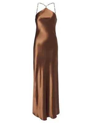 Staud Cedence Beaded Satin Slip Dress - Brown