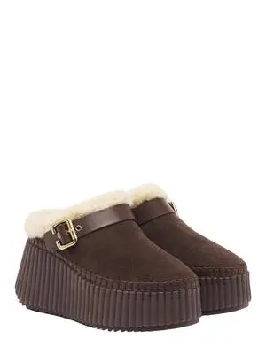Chloé Nama Shearling-lined Suede Platform Mules - Brown