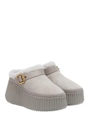 Chloé Nama Shearling-lined Suede Platform Mules - Grey