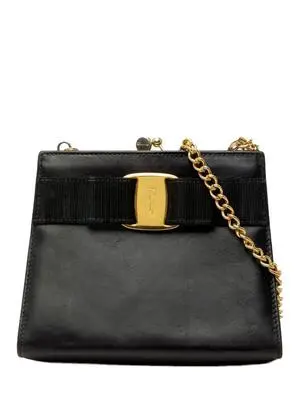FERRAGAMO 20th Century Leather Vara Bow Kiss Lock Chain Crossbody Bag - Black