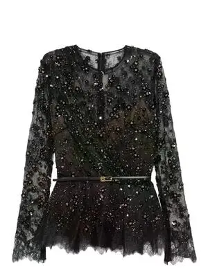 Elie Saab Sequin-embellished Lace Peplum Top - Black
