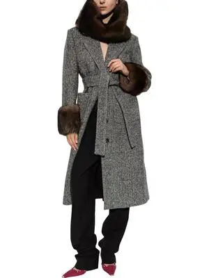 Valentino Garavani Herringbone-pattern Faux-fur-trim Coat - Grey
