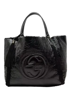 Gucci 2016-2026 Medium Shearling Trimmed Patent Soho Cellarius Tote Bag - Black
