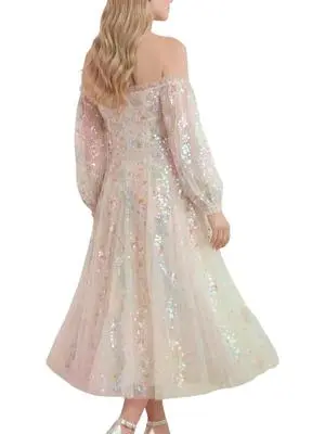NEEDLE & THREAD Confetti Sequin-embellished Off-shoulder Dress Neutrals