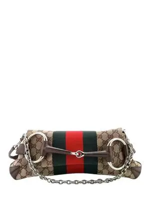 Gucci Horsebit Nm Web Chain Clutch Gg Canvas Medium Shoulder Bag - Brown