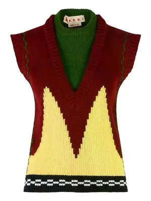 Marni Burgundy Wool Layered Vest With M Intarsia Red