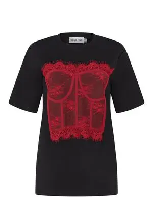 SOUR FIGS Black / Red Crimson Red Lace Corset Illusion T-shirt In Black - Black/red