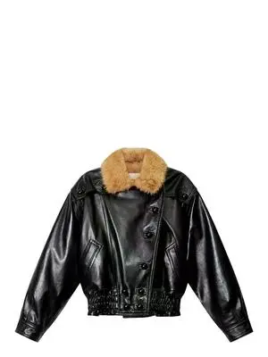Isabel Marant Étoile Valina Glossy Leather Jacket, Shearling Collar - Black