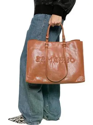ERMANNO FIRENZE Large Logo-embroidered Leather Tote Bag - Brown