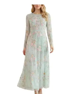NEEDLE & THREAD Garden Rose Long-sleeve Gown - Green
