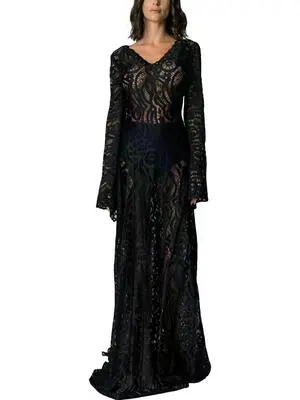 MIAU BY CLARA ROTESCU Lace Bell-sleeve Maxi Dress - Black