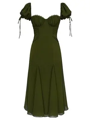 House Of Cb Marceline Puff-sleeve Chiffon Midi Dress - Olive