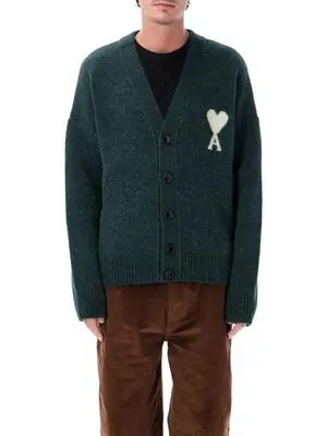 AMI Paris Ami Paris Soft Alpaca V-Neck Cardigan With Engraved Horn Buttons And Intarsia Logo Verde