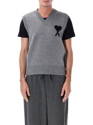 AMI Paris Felted Merino Wool Of Caur V-neck Vest With Intarsia - Grigio