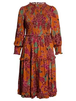 SUGARLIPS Marven Floral Smocked Midi Dress - Rust-brown