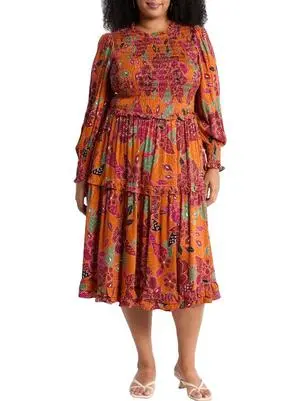 SUGARLIPS Marven Floral Smocked Midi Dress - Rust-brown