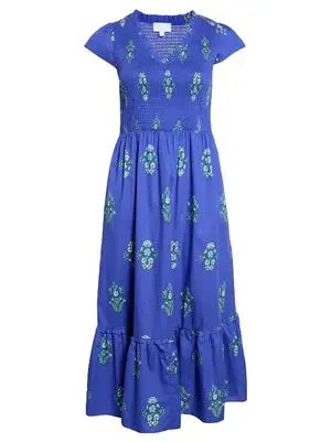 SUGARLIPS Haline Liora Smocked Floral Cotton Dress Navy-multi