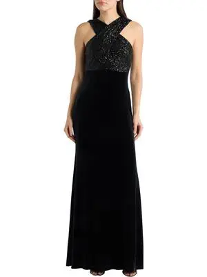 Eliza J Sequin Cross Neck Mixed Media Gown - Black