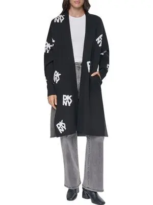 Dkny Stack Logo Long Cardigan - Black/ivory