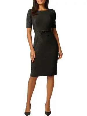 Adrianna Papell Stretch Shimmer Knit Bow Waist Sheath Dress - Black