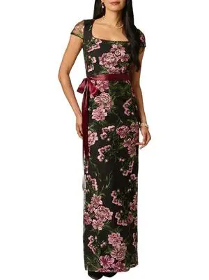 Adrianna Papell Embroidered Floral Column Gown With Ribbon Tie Belt - Black Multi