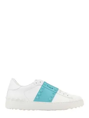 Valentino Garavani Leather Rockstud Untitled Sneakers With Light Blue Band - White