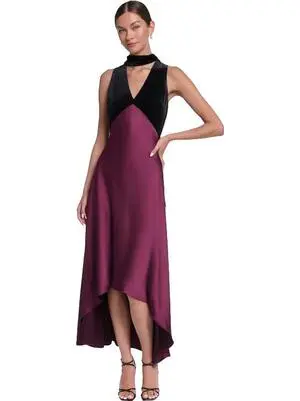 Halston Sleeveless Velvet And Satin V-neck Scarf Dress - Cabernet/black
