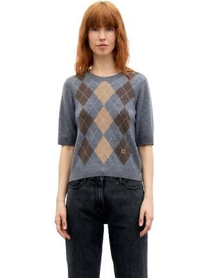 Gerard Darel Rema Short Sleeve Argyle Knit Sweater - Heather Grey