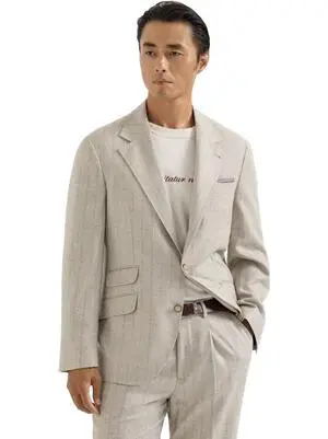 Brunello Cucinelli Striped Cashmere And Silk Diagonal Flannel Deconstructed Cavallo Blazer With Metal Buttons - Grey