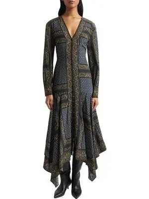 Veronica Beard Skye Tile Print Long Sleeve Handkerchief Hem Silk Blend Shirtdress - Heritage Navy Multi