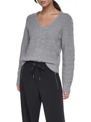 Dkny Cable Knit V-neck Sweater - Feather Heather
