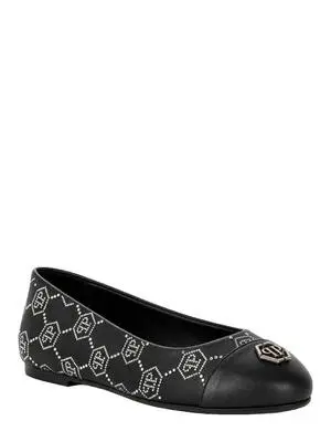 Philipp Plein Nappa Leather Ballerina Flats Monogram Strass - Black
