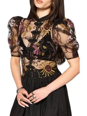 DISTURBIA Angela Folk Embroidered Blouse Black