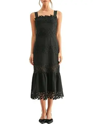 Adelyn Rae Davina Embroidered Lace Detail Midi Dress Black