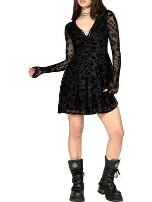 DISTURBIA Sanct Flocked Long Sleeve Mini Dress - Black