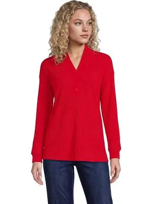 LANDS' END Long Sleeve Waffle Shawl Collar Henley Compass Red