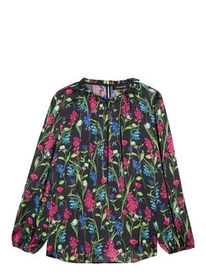 SUGARLIPS Floral Smocked Neck Long Sleeve Top - Black-multi