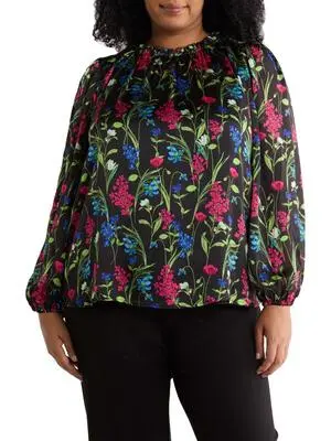 SUGARLIPS Floral Smocked Neck Long Sleeve Top - Black-multi