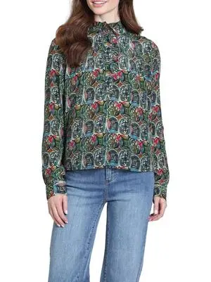 APNY Ruffled Half Placket Top - Moss/garnet Multi