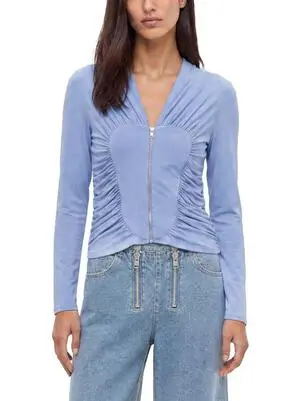 NOCTURNE Ruffle Trim Zip Front Blouse Blue