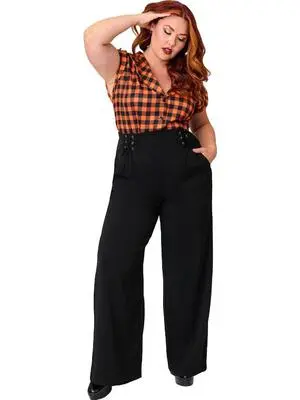 Unique Vintage Lace Up High Waist Trousers - Black Solid