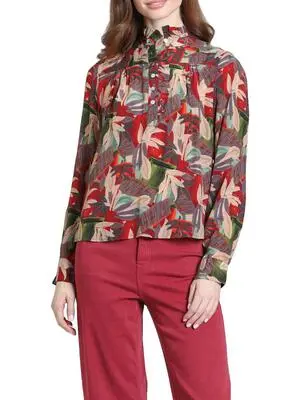 APNY Ruffle Half Placket Top - Crimson/forest Multi